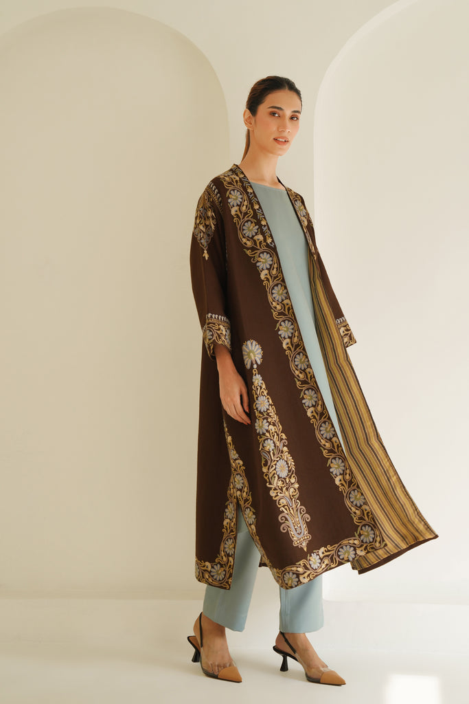 Hand Embroidered Aari Wool Choga Brown | Kashmir Loom