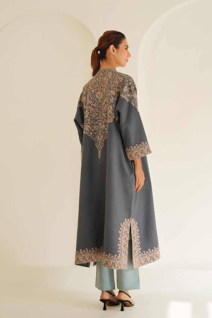 Hand Embroidered Aari Wool Choga Blue | Kashmir Loom