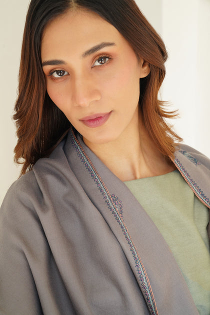 Hand Embroidered Sozni Pashmina Butidar Shawl Grey | Kashmir Loom