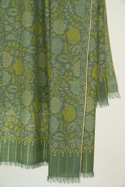 Kani Three Rose Hand Woven Large Pashmina Shawl Sage Green