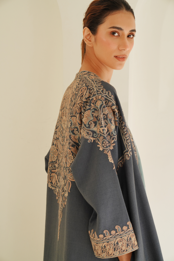 Hand Embroidered Aari Wool Choga Blue | Kashmir Loom